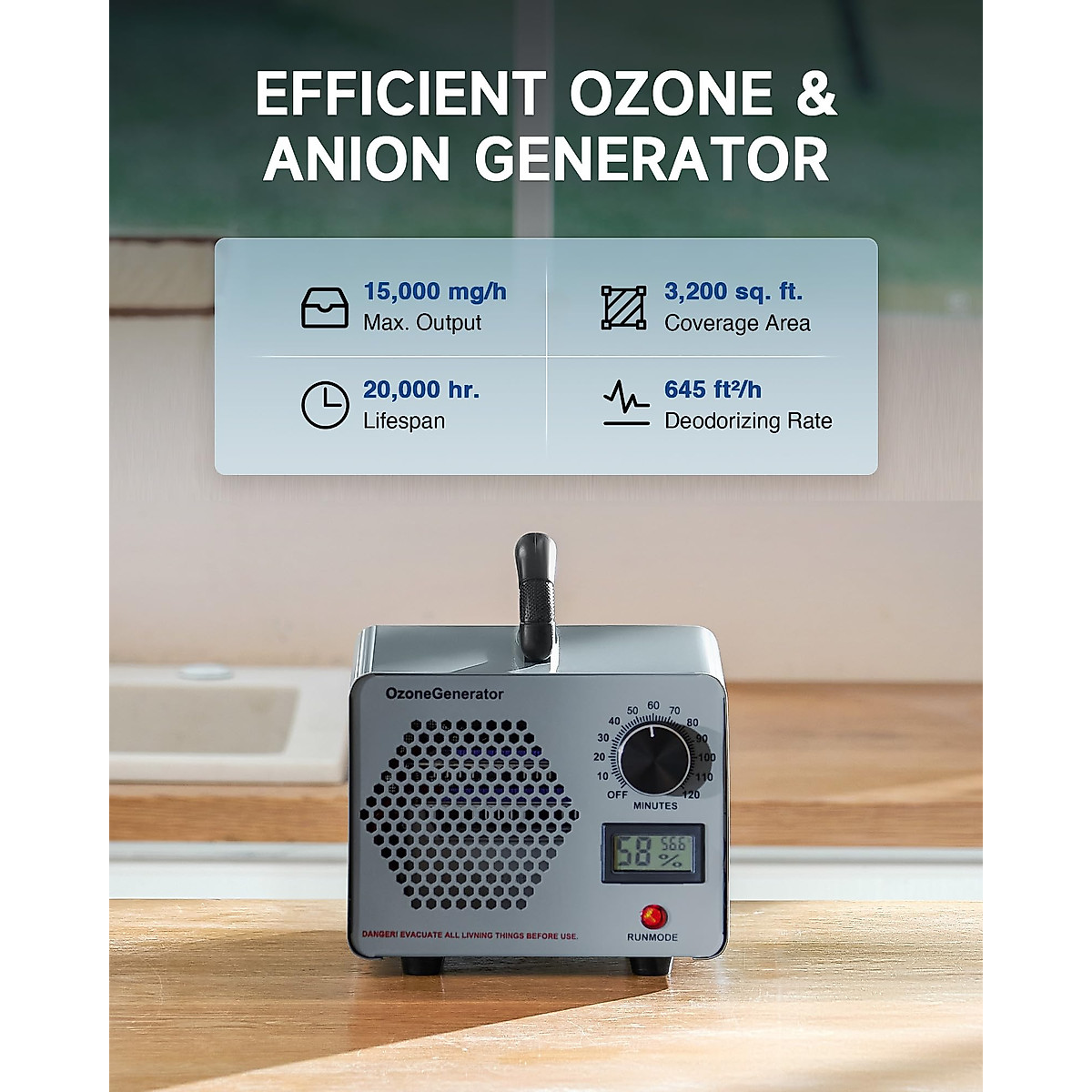 CREWORKS Ozone Generator, 15000 mg/h High Capacity Ozone Machine for Car Home Smoke Pet Odor Removal, Commercial Ozone Odor Eliminator Air Purifier with Timer Display for 3200 sq ft Room, Silver