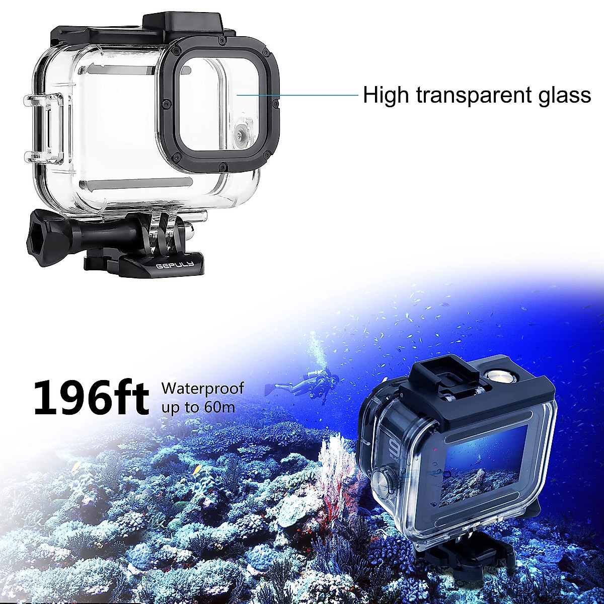 GEPULY Waterproof Case with Dive Filters for GoPro Hero 13 12 11 10 9 Black, 60M Underwater Protective Dive Housing Case with Red, Snorkel, Magenta, 5X Close-up Macro Filters