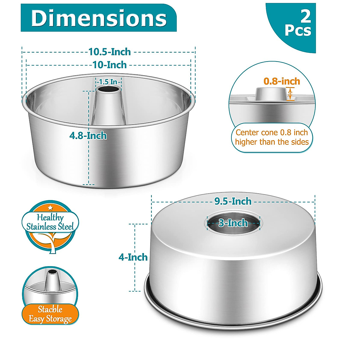 E-far Angel Food Cake Pan Set of 2, 10-Inch Stainless Steel Tube Pan for Baking Pound Chiffon Cake, One-piece Design & Non-toxic, Dishwasher Safe