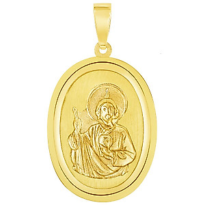 Jewelry America 14k Yellow Gold Oval Miraculous Medal of Saint Jude Thaddeus the Apostle Pendant (1")