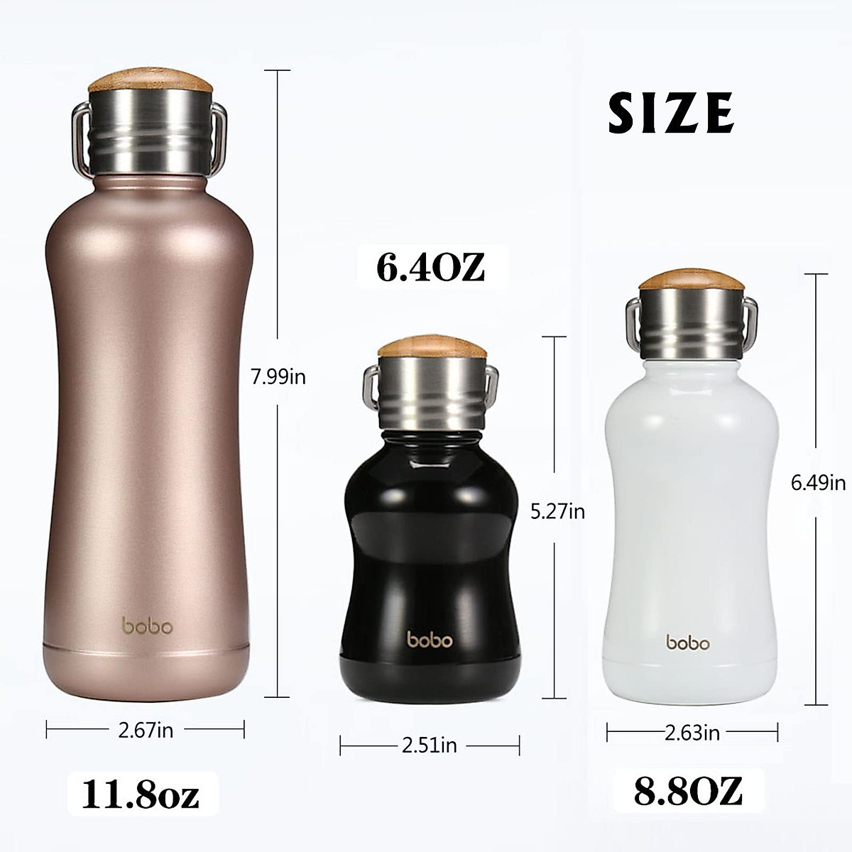 YOHKOH Small Thermos Mini Vacuum Insulated Water Bottle With Bamboo Lid - Pack of 3 - Stainless Steel Water Bottle for Women Kids, 12 Hrs Hot & 24 Hrs Cold Thermos BPA-Free (6.4oz/8.8oz/11.8oz)