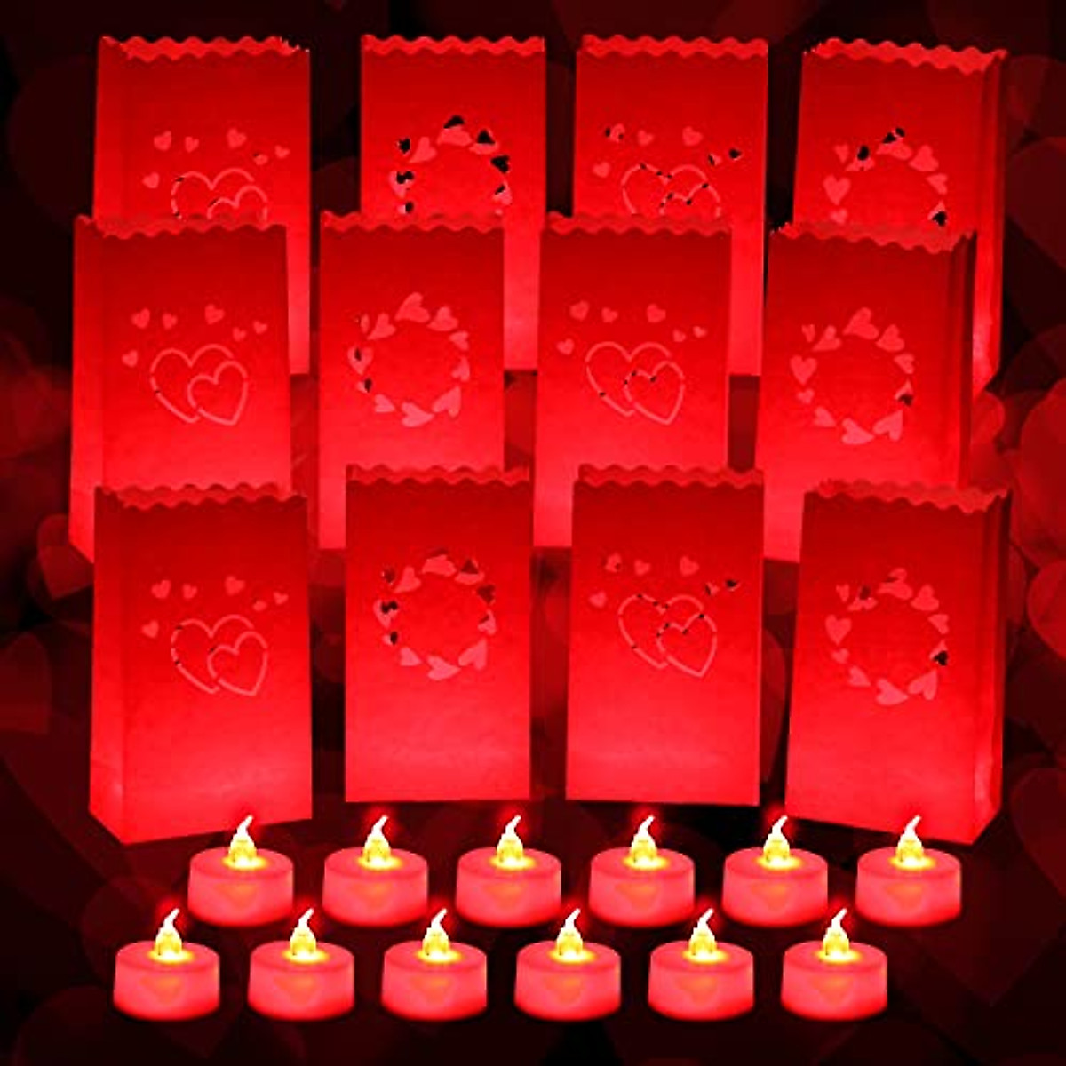 12 Pieces Luminary Paper Bags with 12 Pcs LED Flameless Candle Red Hearth Luminaries Paper Bags Flame Resistant Candle Bag for Valentine's Day Wedding Outdoor Party Home Decoration