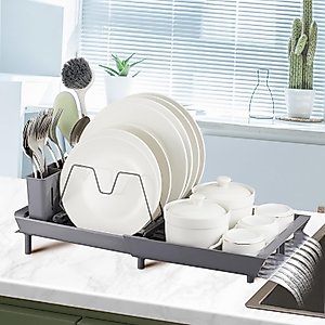 CLNGAI Expandable Dish Drying Rack, Compact Dish Drainer with Removable Utensil Holder,Space Saving Rust-Proof Small Adjustable Plate Rack for in Sink or Kitchen Counter (Gray)