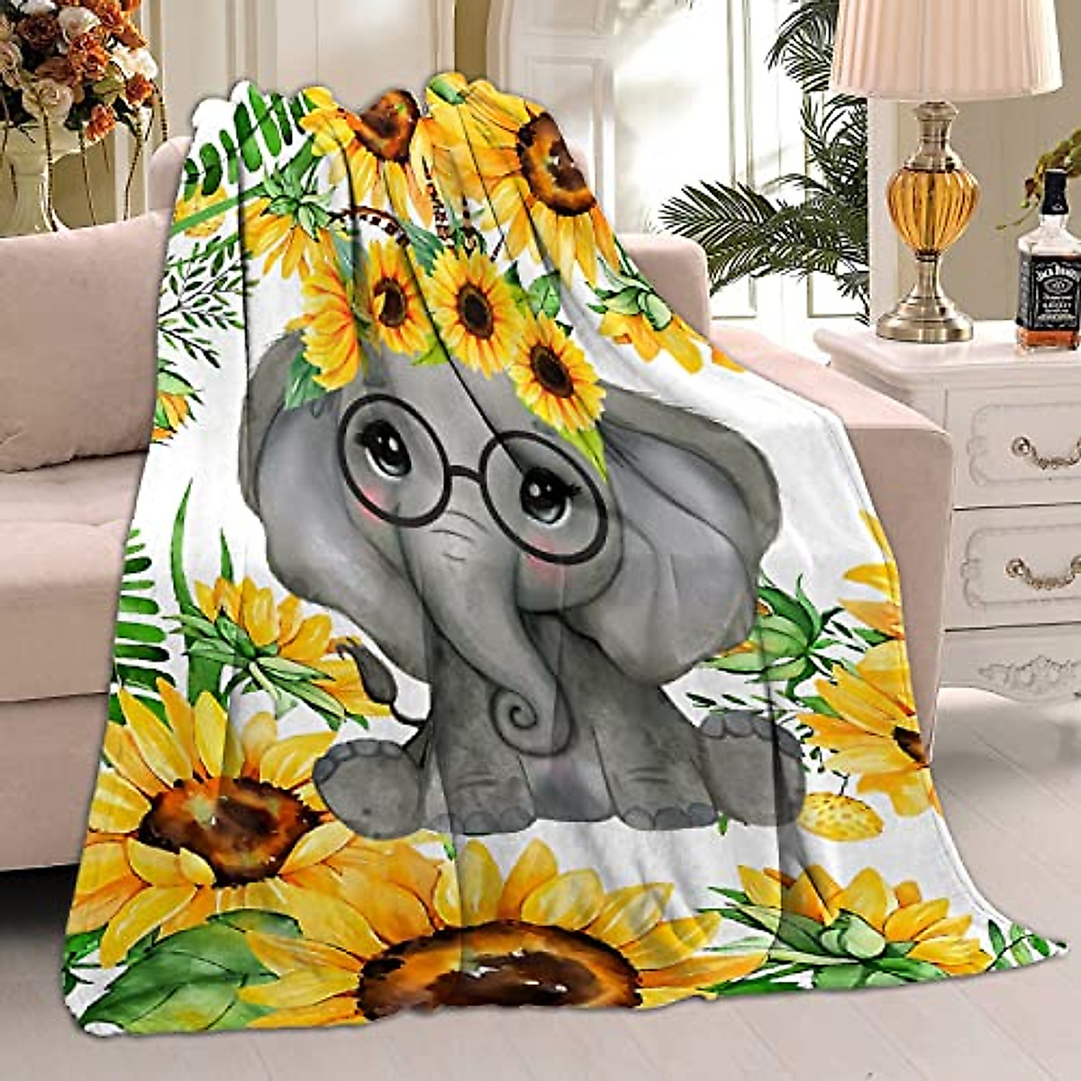 Super Soft Blanket Glasses Elephant and Sunflower Light Weight Throw Quilt Comfy Fluffy for Bed Sofa Suitable All Seasons 80"X60" for Adult Large