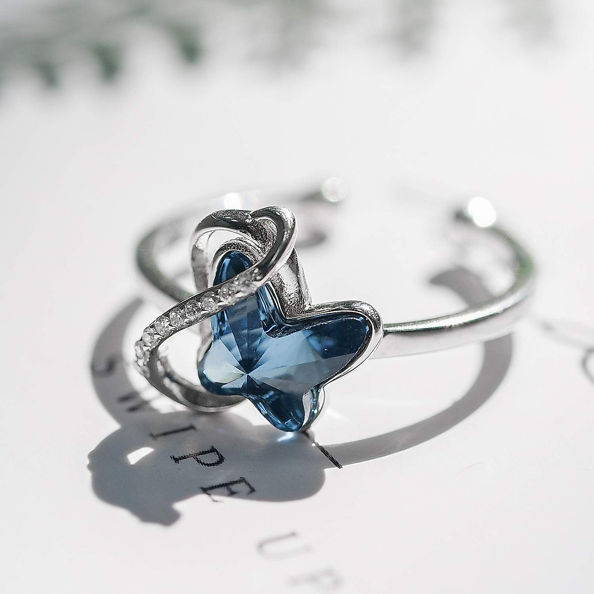AOBOCO Infinity Butterfly Ring Sterling Silver Women Ring with Crystals from Austria, Fine Anniversary Birthday Butterfly Jewelry Gifts for Her(Blue)