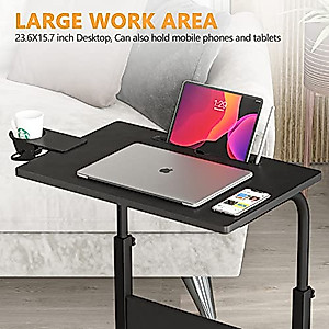 Klvied Standing Desk Adjustable Height, Stand Up Desk with Cup Holder, Portable Laptop Desk, Mobile Standing Desk, Small Computer Desk, Bedside Table, Black Rolling Desk, Work Desk for Home Office