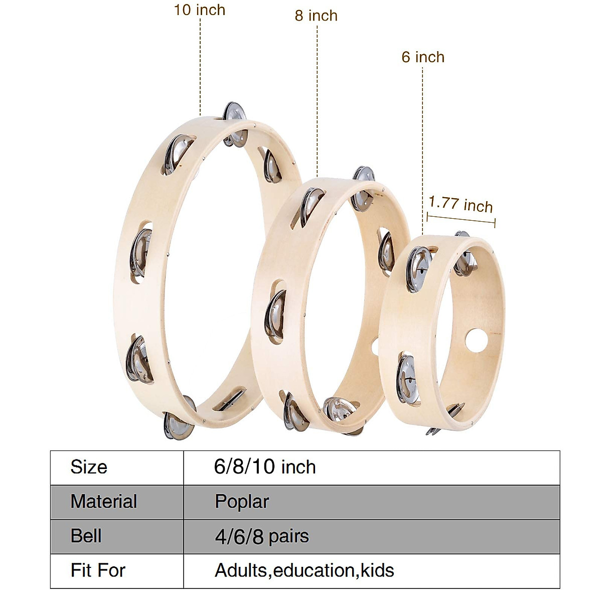 EASTROCK Hand Held Tambourine Ring 3 Packs and Bongos Drum 4”+5” Set Wood Percussion Instruments