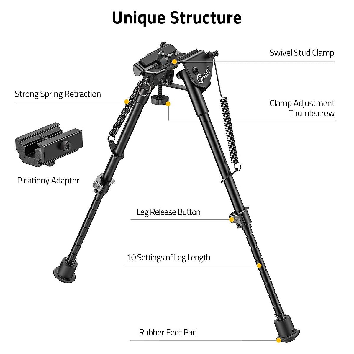 CVLIFE Picatinny Bipod, 9-13 Inches Rifle Bipod, Bipod for Rifle with Solid Sling Adapter Base