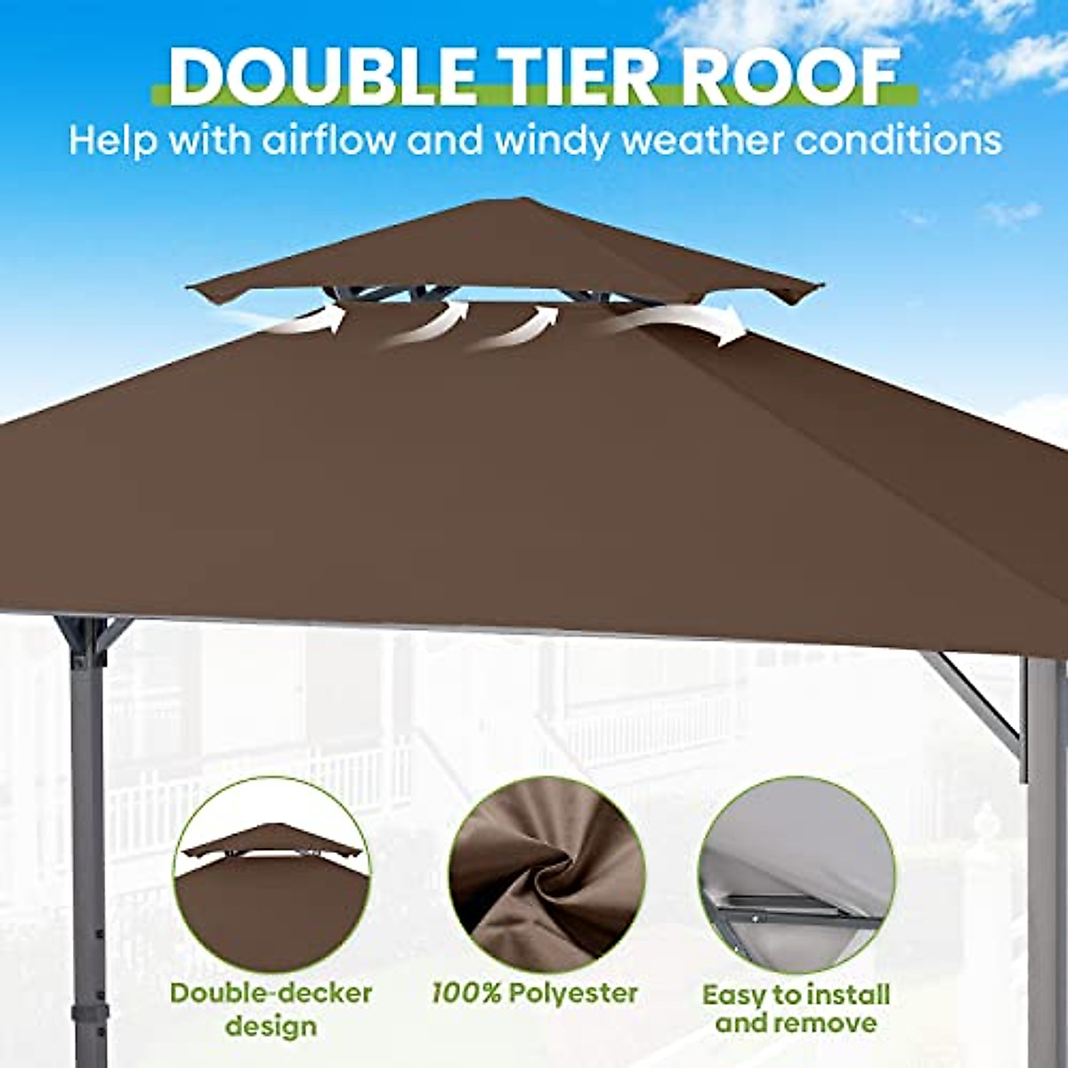 Grill Gazebo Replacement Canopy Top Roof, EasyLee 5x8 Canopy Top Cover, Double Tiered BBQ Gazebo Cover, Fits for Gazebo Models L-GG001PST and L-GZ238PST(Khaki)