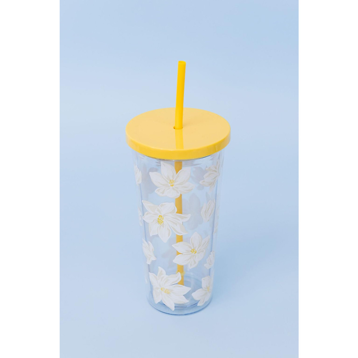 Draper James Travel Tumbler with Lid and Straw, 24 Ounce Insulated Cup, Clear Floral Plastic Double Wall Tumbler, Magnolias