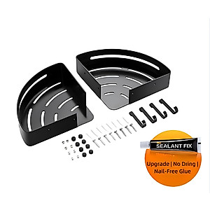 DOIAESKV 2 Pack Corner Shower Caddy with Hooks,No Drilling Aluminium Shower Organizer for Bathroom&Kitchen,Secure with Nail-free Glue,Rustproof Shower Rack Basket,Storage Accessories (Gunmetal)