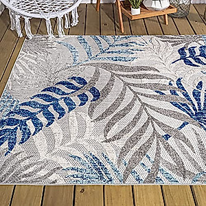 JONATHAN Y AMC100A-8 Tropics Palm Leaves Indoor Outdoor Area-Rug Bohemian Floral Easy-Cleaning High Traffic Bedroom Kitchen Backyard Patio Porch Non Shedding, 8 X 10, Gray/Blue