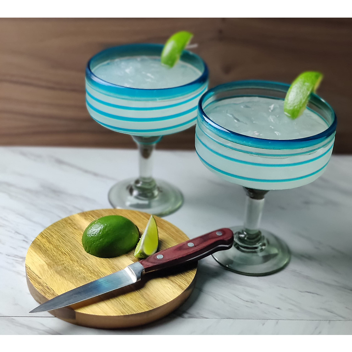 Mexican Hand Blown Glass – Set of 4 Hand Blown Margarita Glasses (16 oz) with Aqua Spiral Design