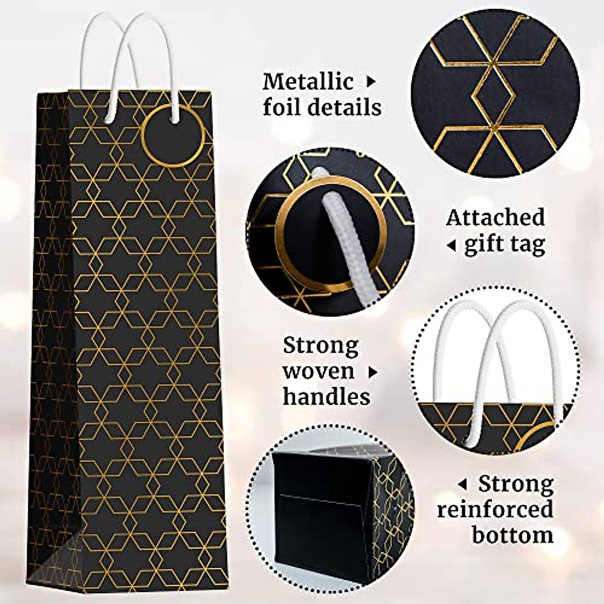Gold Wine Gift Bags - Set of 6 - Assorted Black & Gold Gift Bags With Handles + Name Tags. - Modern Geometric Metallic Gift Bags - Perfect for Christmas, Birthdays, Anniversaries, Bridal Showers, Thank You Gifts, Housewarming Dinner Party, Weddings, & mor