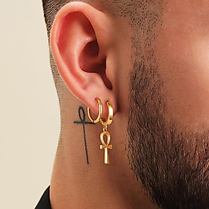 DREMMY STUDIOS Gold Ankh Cross Earrings for Women 14K Gold Plated Ankh Cross Drop Dangle Earrings Egyptian Religious Faith Jewelry for Women Men