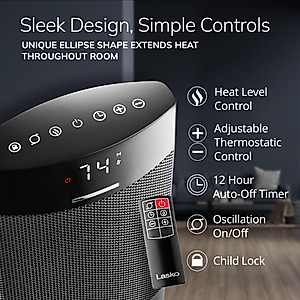Lasko Ellipse Ceramic Tower Heater for Home with Tipover Switch, Child Lock, Digital Display, Thermostat, Wide Oscillation, Remote, Timer, For Bedroom, Office, Living Room, Den, 1500W, Black, CT18950