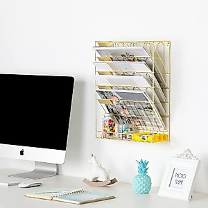 superbpag Hanging File Organizer 5 Tier Wall Mount Document Letter Tray Storage Rack for Office Home Dormitory, Gold