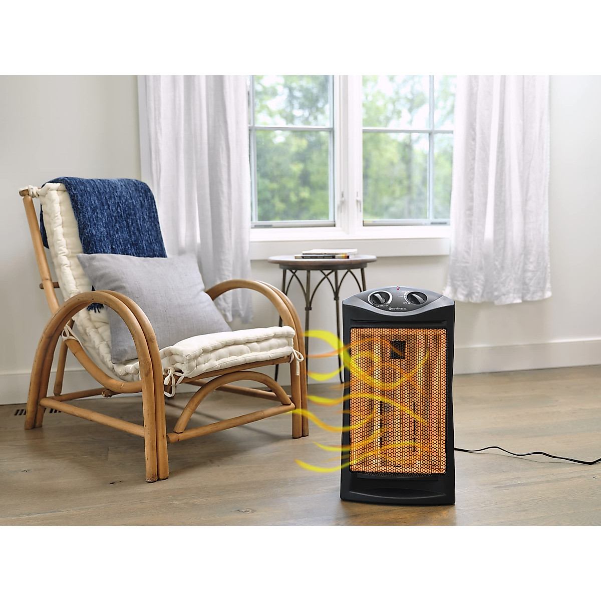 Comfort Zone Indoor Tower Space Heater, Adjustable Thermostat, Radiant Heat, Electric, Infrared Quartz, 2 Heat Settings, Overheat Protection, Ideal for Home, Bedroom, & Office, 1,500W, CZQTV007BK