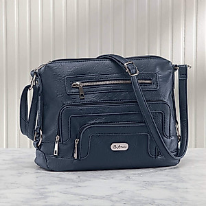 B.AmiciTM Margot Westhampton Organizer Hobo, Leather Exterior, Built-In Wallet Pocket, Over The Shoulder/Crossbody Bag, Women’s, Gray Design – Measures 12" Wide x 9" High x 3" Deep