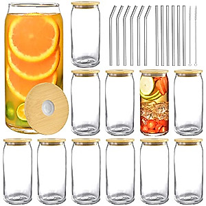 Rainforce 20 Oz Glass Cups With Lids And Straws, Beer Can Shaped Glass 12Pcs Set, Iced Coffee Cups, Glass Beer Can Cups, Drinking Glasses With Bamboo Lids, Beer Glasses, Cute Tumbler Glass Cups