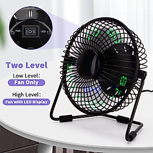 Justup USB LED Fan Portable Desk Fan With Real Time Date and Temperature Display Personal Table Cooling Fan 360°Rotation Durable for Home and Office (Metal Design Low Noise 5 Inch, Black) (SW)