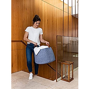 OrganiHaus Large Basket for Blankets for Living Room 20x13 | Woven Laundry Basket | Boho Blanket Basket | Toy Storage Basket for Kids | Cotton Rope Basket w/Handles | Shoe Basket for Entryway - Blue