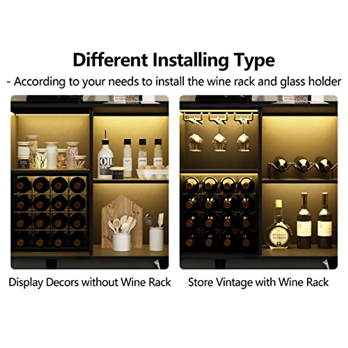 Auromie Wine Bar Cabinet with Led Light, Home Coffee Cabinet with Wine and Glass Rack, Kitchen Buffet Sideboard with Storage Shelves, Freestanding Liquor Cabinet for Living Room, Dining Room (Black)