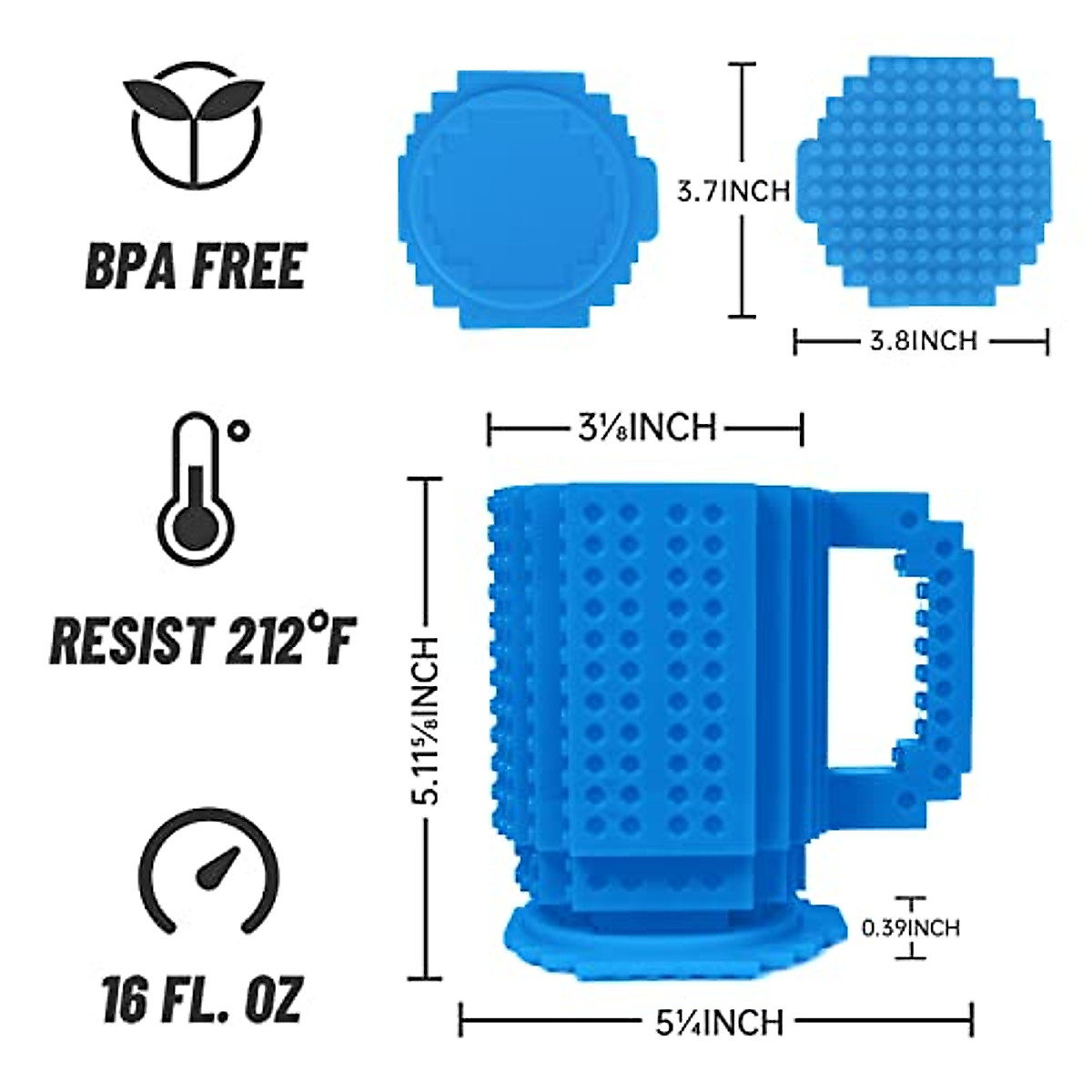 Fubarbar Brick Coffee Mug – Cool Novelty Cup with Lid, Straw & Building Blocks, Funny Xmas/Birthday Gift for Men, Women, Kids(Blue)