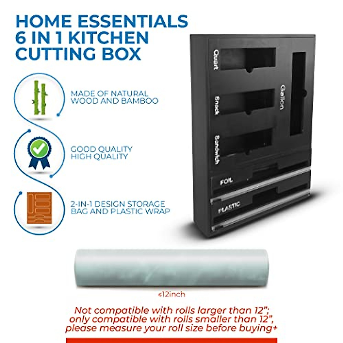 TWG Bamboo Ziplock Bag Organizer for Drawer, 6 in 1 Foil and Plastic Wrap Dispenser with Cutter, Compatible with Gallon, Quart, Sandwich and Snack Variety Size Bag