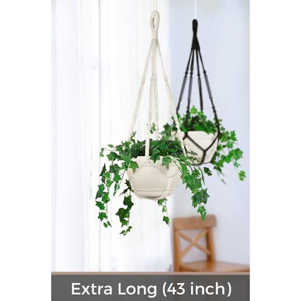 Shineloha 43 Inches Macrame Plant Hanger Large for up to 12 inch Pot | Extra Long + Hook | No Tassel, Cotton Rope Hanging Plant Holder with Swag Hook, NO Plant/Pot Included (White)…
