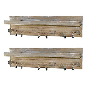 DUCIHBA Set of 2 Wall Mounted Picture Ledge Display Floating Shelves, Twine Cords with Metal Clips to Hanging Photos, Prints, Artwork for Nursery, Living, Bedroom, Rustic Torched Wood, Farmhouse Gray