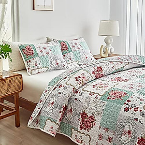 UOZZI BEDDING 3 Piece Floral Patchwork Quilt Set Queen Size White Green Lightweight Coverlet Bedspread with Red Flower Floral Plaid Patchwork Spring and Summer Quilt Set (1 Quilt+ 2 Shams)