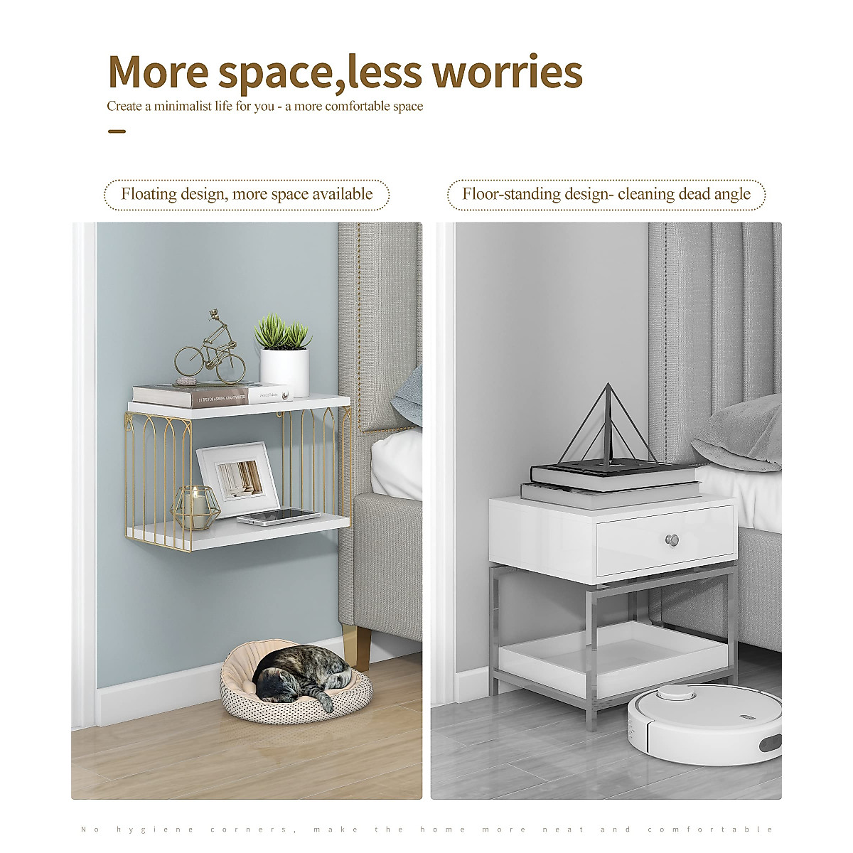 Sivapleso Floating Nightstand, White and Gold Small Wall Mounted Night Stands Modern Minimalism Hanging Bedside Table