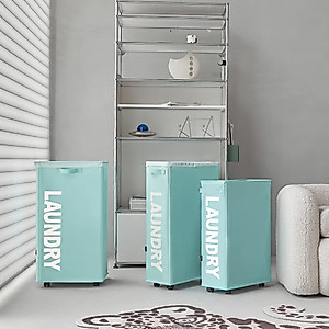 TOTANKI 25" Rolling Slim Laundry Basket on Wheels, Foldable Laundry Hamper with Handle, Collapsible Laundry Sorter and Organizer, Tall Storage Basket Bin (Light Blue)