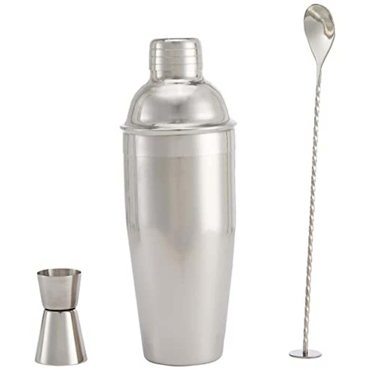 Amazon Basics 3-Piece Stainless Steel Bar Tools Set - 24oz Shaker, Mixing Spoon, Jigger