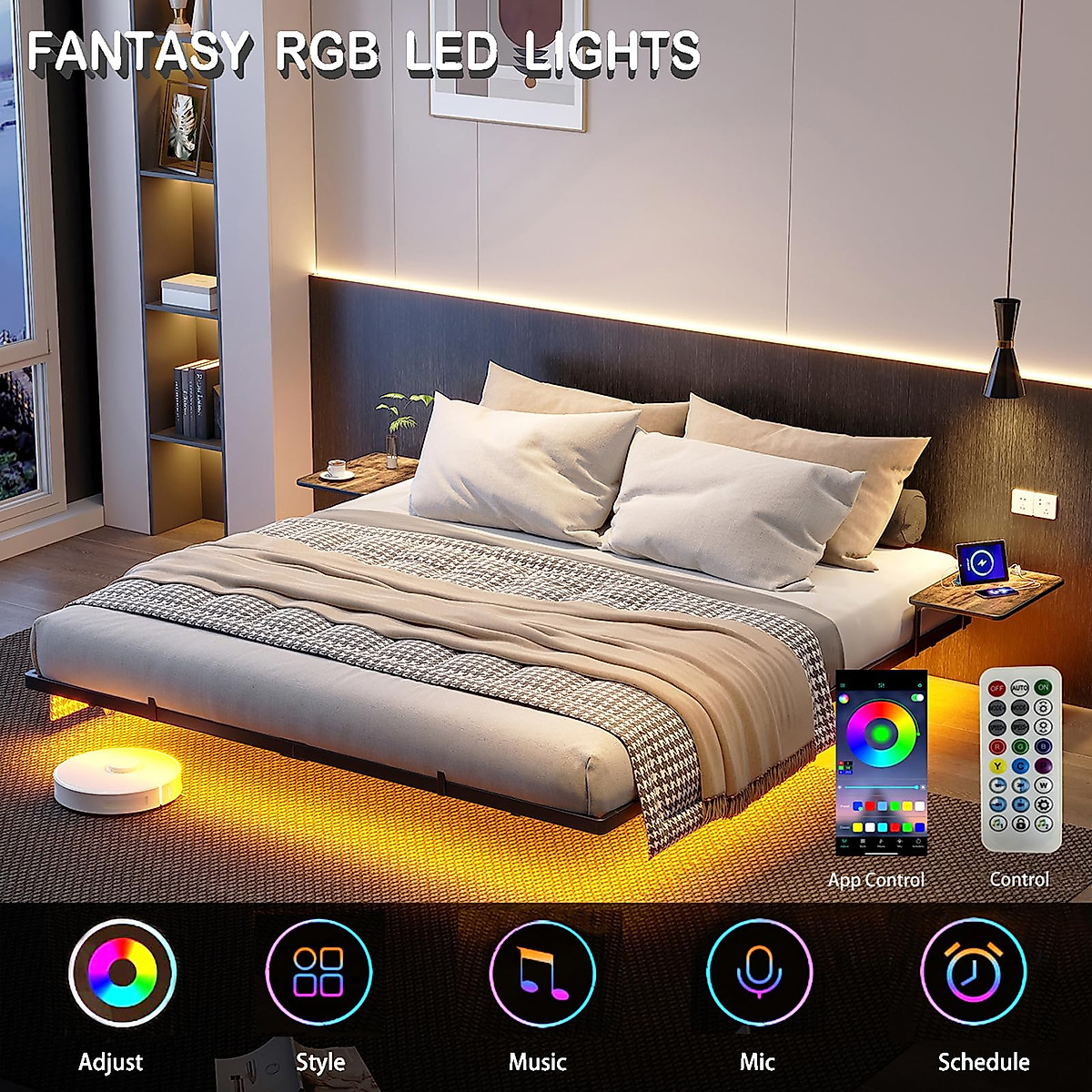 Bigu Floating Bed Frame with LED Lights Metal Platform with 2 Bedside Tables and Charging Station, Queen