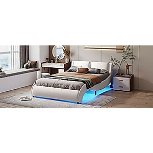 Modern Full Size Upholstered Platform Bed with LED Light Headboard, Metal Faux Leather Upholstered Platform Bed Frame with Wooden Slatted, Wave-Like Bed for Kids Teens Adult Bedroom (White-Full)