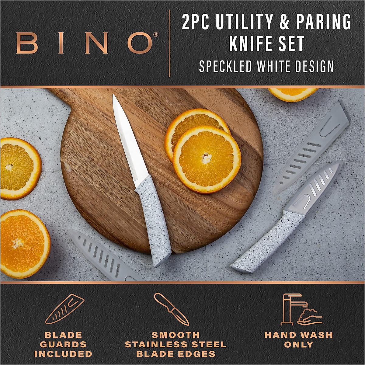 BINO 2-Piece Stainless Steel Paring Knife & Utility Knife with Blade Guards Set - Speckled White | Sharp Knife Set with Good Grip | Cooking Knives | Peeling & Cutting Fruits & Vegetables | Meal Prep