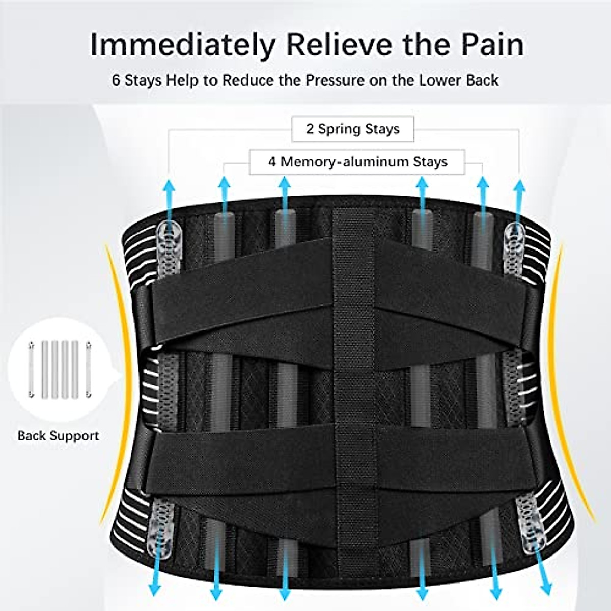 FREETOO Back Braces for Lower Back Pain Relief with 6 Stays, Breathable Back Support Belt for Men/Women for work , Anti-skid lumbar support belt with 16-hole Mesh for sciatica(L)