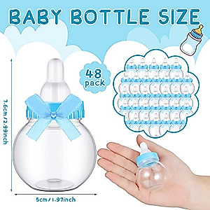 48 Pcs Mini Baby Bottles for Baby Shower Favors Bulk, Baby Candy Bottle Clear Plastic Milk Bottle with Bow Knots for Newborn Baby Baptism Party, Baby Shower Party Decor (Blue)