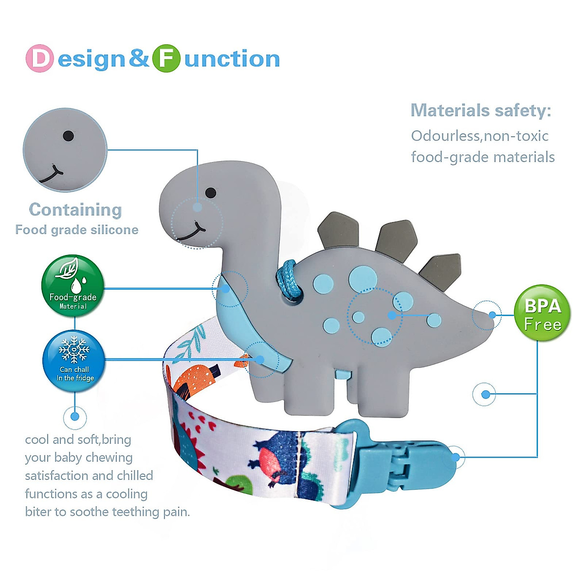 BIGSPINACH 1 Soft Dinosaur Teether for Babies and 1 Baby Pacifier Clip, Valentines Day Gifts for Baby Girl Boy,Silicone Chew Toys for Baby (Grey Dinosaur)