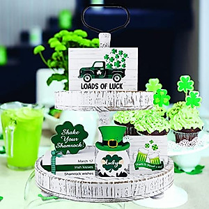 St Patricks Day Tiered Tray Decor Set, 7 Pieces Thick Wooden Lucky Shamrock Mini Sign Farmhouse Rustic Table Ornaments for Home Decor Kitchen Table Decoration, Housewarming Gift [Tray Not Included]