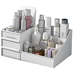 XIOU Makeup Desk Organizer with Drawers - Countertop Organizer for Cosmetics, Vanity Holder for Lipstick, Brushes, Lotions, Eyeshadow, Nail Polish and Jewelry (White)