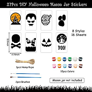 Haooryx 21Pcs DIY Halloween Mason Jar Sticker Set, DIY Your Own Mason Jar Art Craft Kit Sticker Pigment Paintbrush Hemp Rope for Halloween Party Home Decorations Classroom DIY Art Project Kids Gift