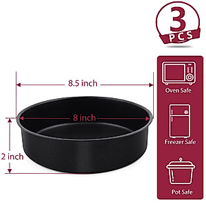 P&P CHEF 8 Inch Round Cake Pan Set, 3 Piece Non-Stick Cake Baking Pans for Birthday Wedding Layer Cakes, Stainless Steel Core & One-piece Design, Sturdy & Healthy, Black