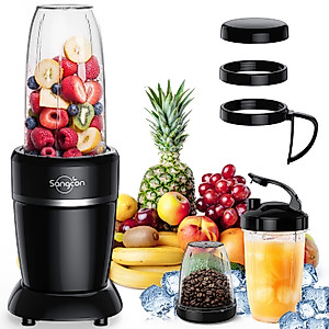 Sangcon 1000W Blender for Smoothies, Blender for Kitchen Smoothie Blender with (3) Cups (2) Spout-Lids (1) Storage-Lid (1) To-Go-Lid, Portable Personal Blender for Shakes Ice Crush Frozen Drink Spices