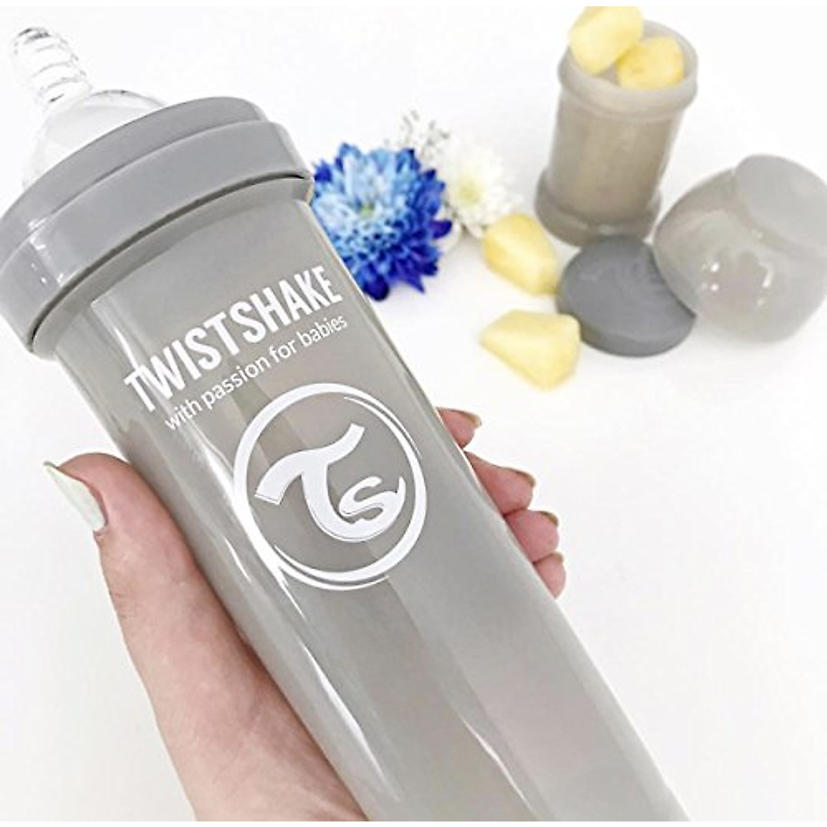 Twistshake Anti Colic Baby Bottles - Premium 330ml/11oz Bottles with 100ml Milk Storage Container for a Comfortable Feeding Experience for Baby Care - Pastel Grey
