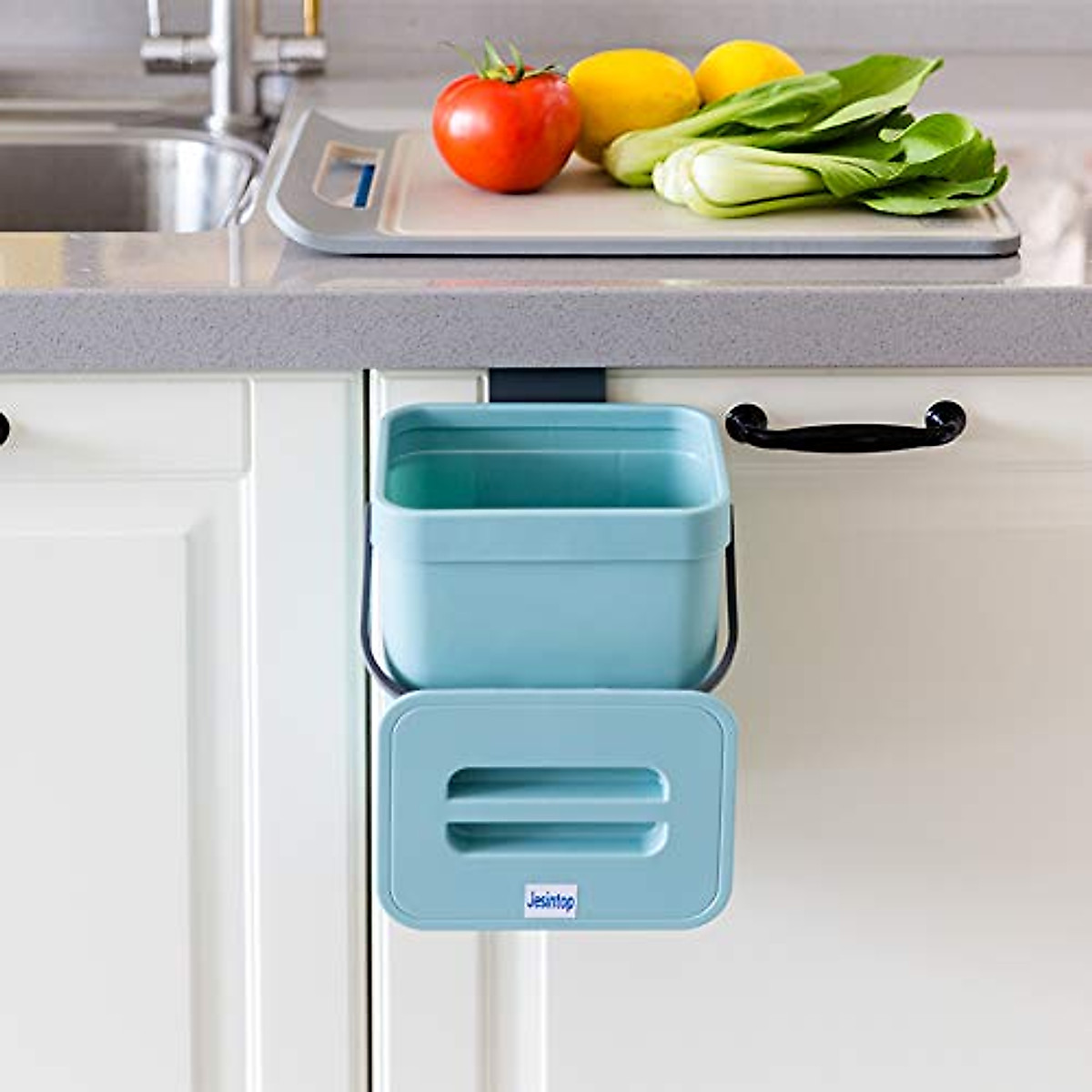 Jesintop Kitchen Compost Bin Indoor for Counter Top,Hanging Small Trash Can with Lid,Food Waste Bin,Mountable Compost Busket 1.3 Gal/5 L Series,Blue