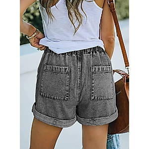GOLDPKF Womens Shorts Summer Denim Shorts Women High Waisted 2024 Trendy Elastic Waist Jeans for Women Casual Plus Size Folded Hem Stretch Jeans Gray X-Large