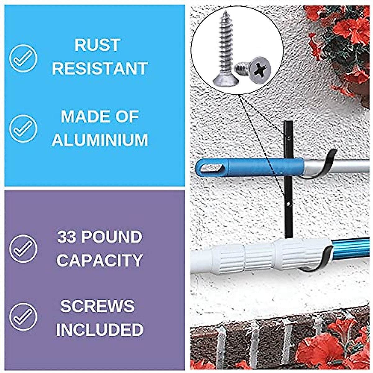 TANYIONE Swimming Pool Aluminum Pole Hanger Set,Metal Brackets Hook with Screws for Telescoping Poles, Leaf Rakes, Skimmers, Nets, Brushes, Vacuum Hoses and Garden Tools (2 Pack)